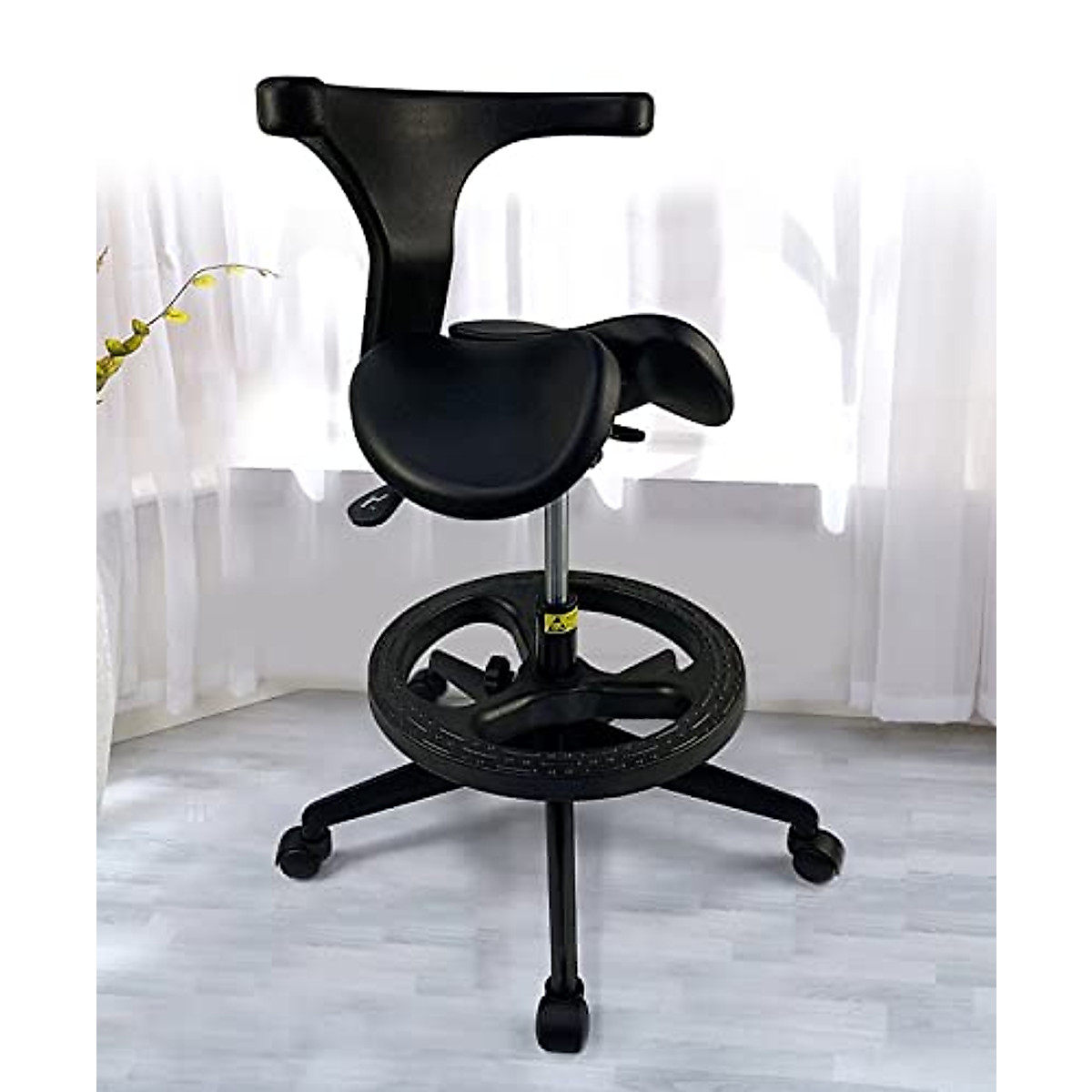 MIWOOYY Saddle Stool Massage Saddle Stool with Foot Rest ＆ Back Support, Spa Swivel Adjustable Rolling Facial Salon Chair with Wheels, Supports 200 Kg/ 440 Lbs