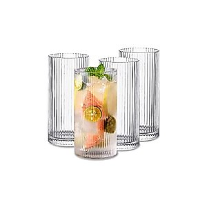 INSETLAN Glass Cups Vintage Glassware Set of 4 Large, Origami Style Transparent Cocktail Glasses Set, Bar Beverages Ice Coffee Cup Juice Ripple Drinkware, 450ml (L)