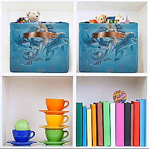 Gougeta Foldable Storage Basket with Handle, Nautical Ocean Mermaid and Dolphin Rectangular Canvas Organizer Bins for Home Office Closet Clothes Toys 2 Pack