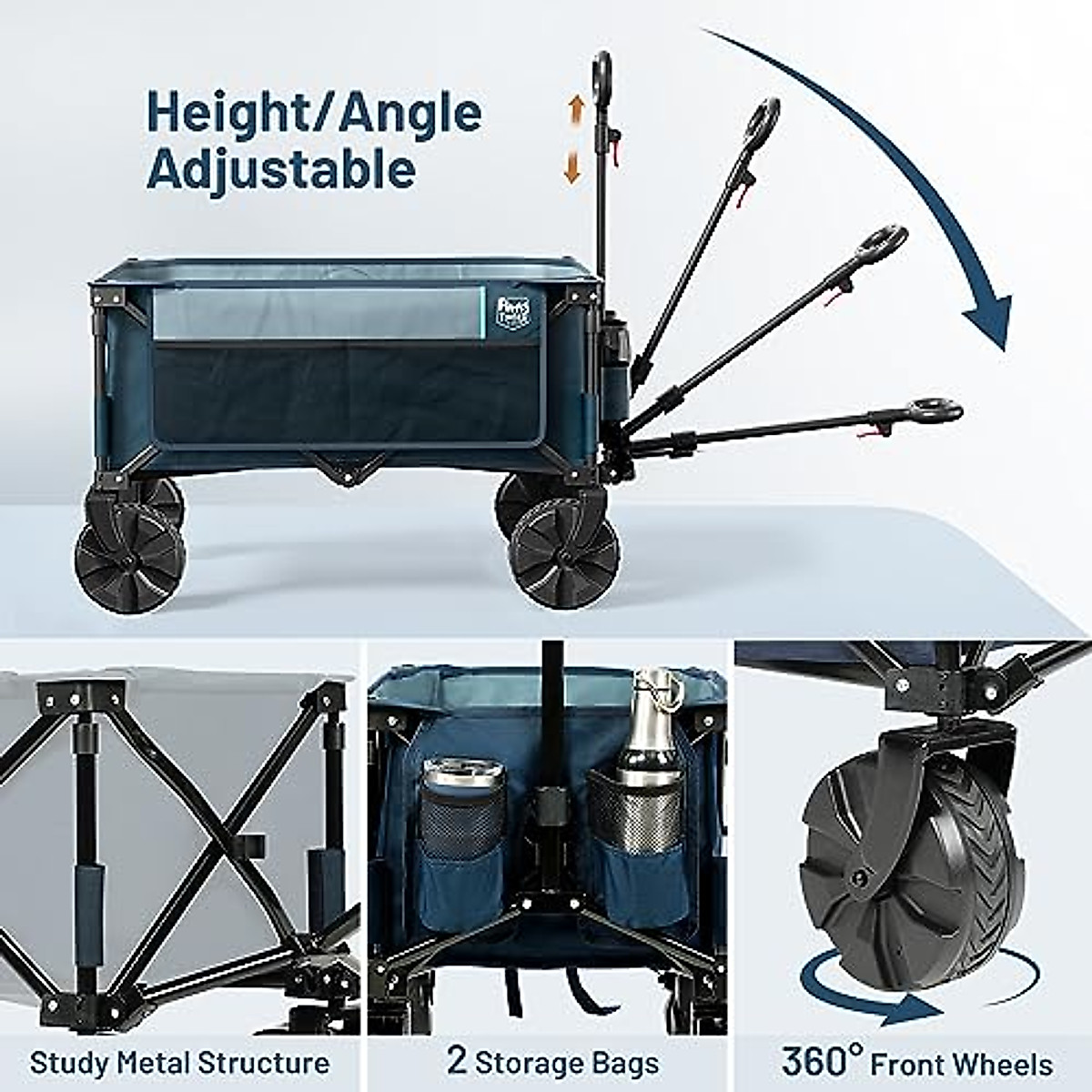 TIMBER RIDGE Outdoor Collapsible Wagon Utility Folding Cart Heavy Duty All Terrain Wheels for Shopping Camping Garden with Side Bag and Cup Holders, Navy