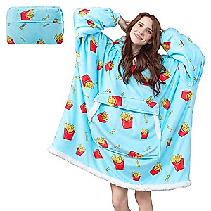 yescool Wearable Blanket Hoodie for Adult, Oversized Hoodies Sweatshirt for Women Packable Blanket Cozy Sherpa Blanket with Giant Hood Sleeves, Soft Fuzzy Big Hooded Blanket Men Gifts (Fries, Blue)
