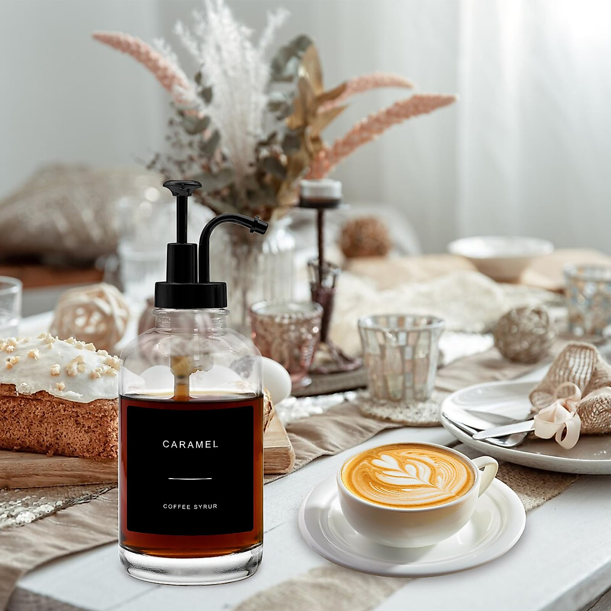 MFBJXC 2-Pack Coffee Syrup Dispenser for Coffee Bar, 16.9 oz 500 ml Glass Syrup Bottle with 36 Labels, Syrup Pump Dispenser for Coffee Bar(Black pump)