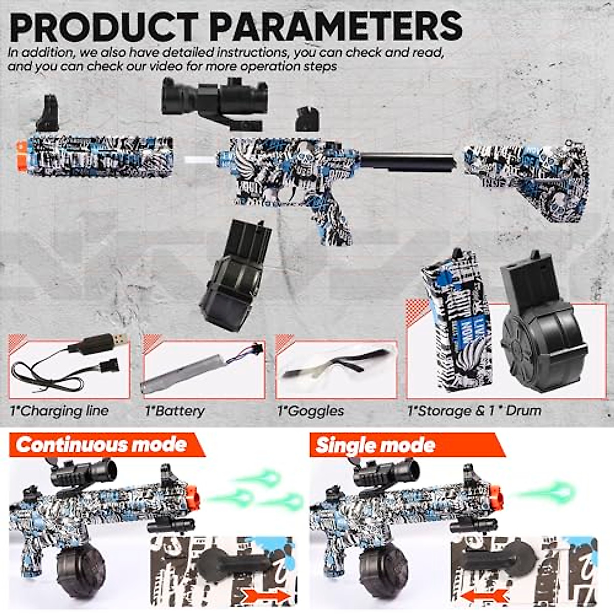 Large Gel Ball Blaster with Drum, M416 Manual & Automatic Dual Mode 40000 Water Beads, for Outdoor Activities - Shooting Team Game, Ages 12+, Blue Devil