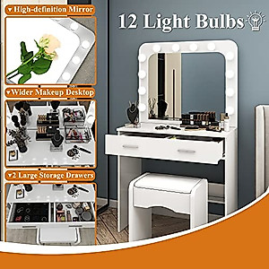 NeuType Makeup Vanity with Lights, Vanity Desk with Mirror and Lights, Vanity Mirror with Lights and Table Set, White Vanity Desk 2 Drawers Vanity Set with 12 Light Bulbs
