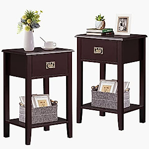 VECELO Nightstands Set of 2 End/Side Tables Living Room Bedroom Bedside, Vintage Accent Furniture Small Space, Solid Wood Legs, One Drawer, Black Walnut