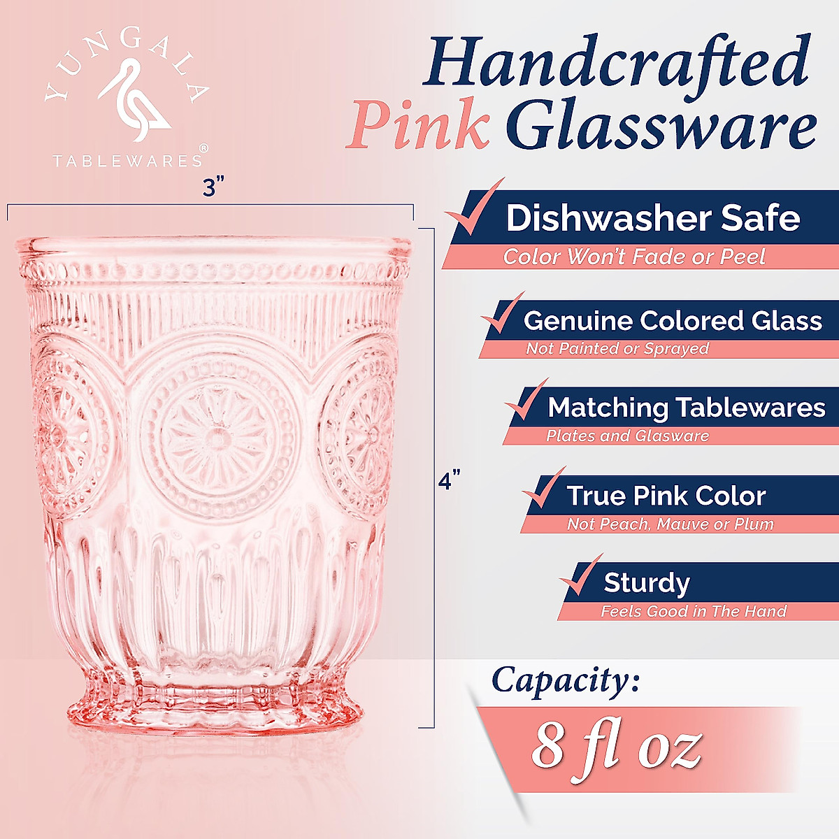Yungala Pink Glassware Bundle - NEW Pink Wine Glasses Sunflower - Small Pink Cups (Sunflower) - Pink Glass Plates - Matching Pink Glassware Sets with Sunflower Emboss Design