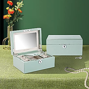 Vlando Lockable Jewelry Box, Two Tray Jewelries Collections Organizer, Girls Gift -Aqua Green