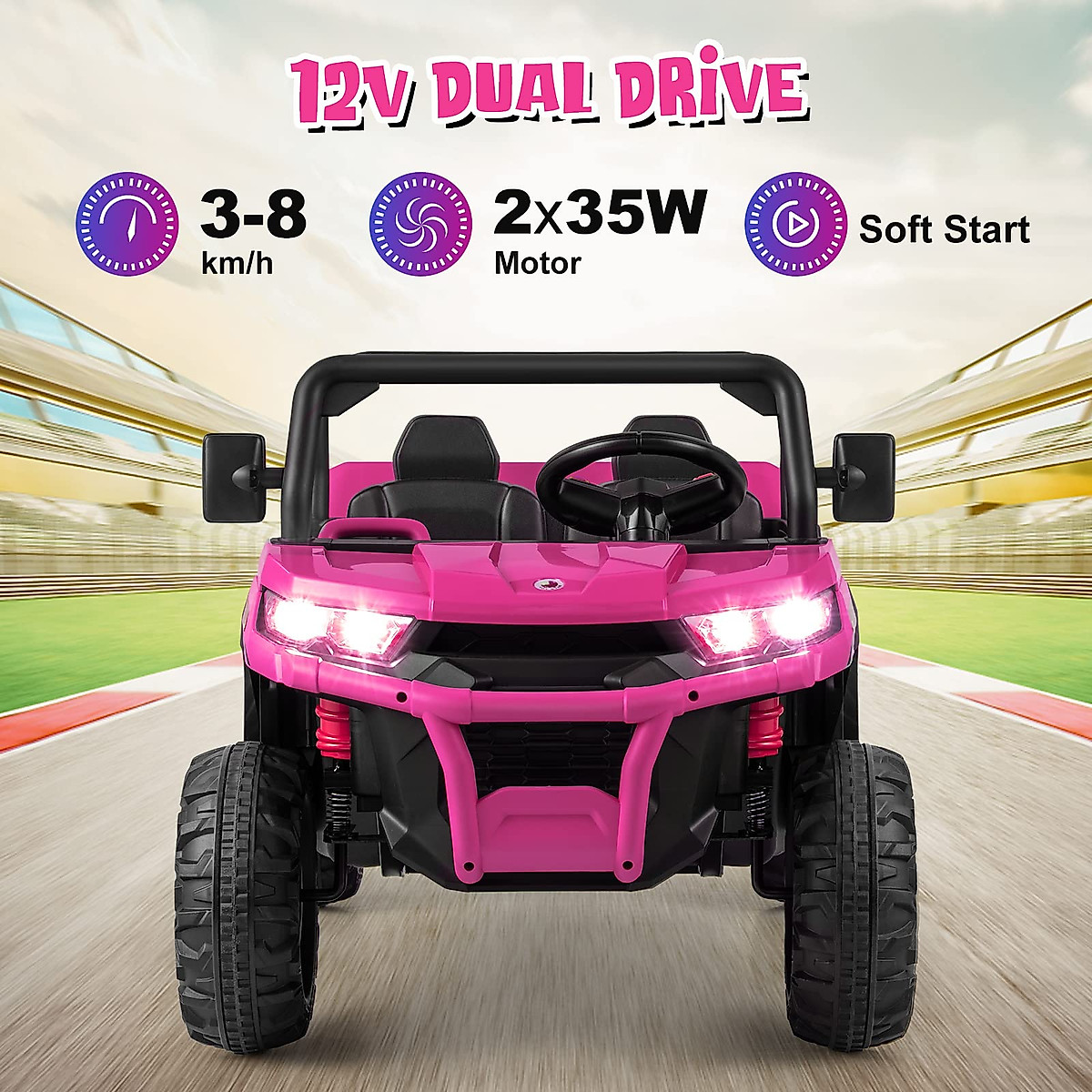 OLAKIDS 2 Seater Ride On Car, 12V Off-Road UTV Electric Vehicle with Remote Control, Dump Bed, Extra Shovel, Music, USB, AUX, Rocking Function, Kids Toddlers Battery Powered Truck (Pink)