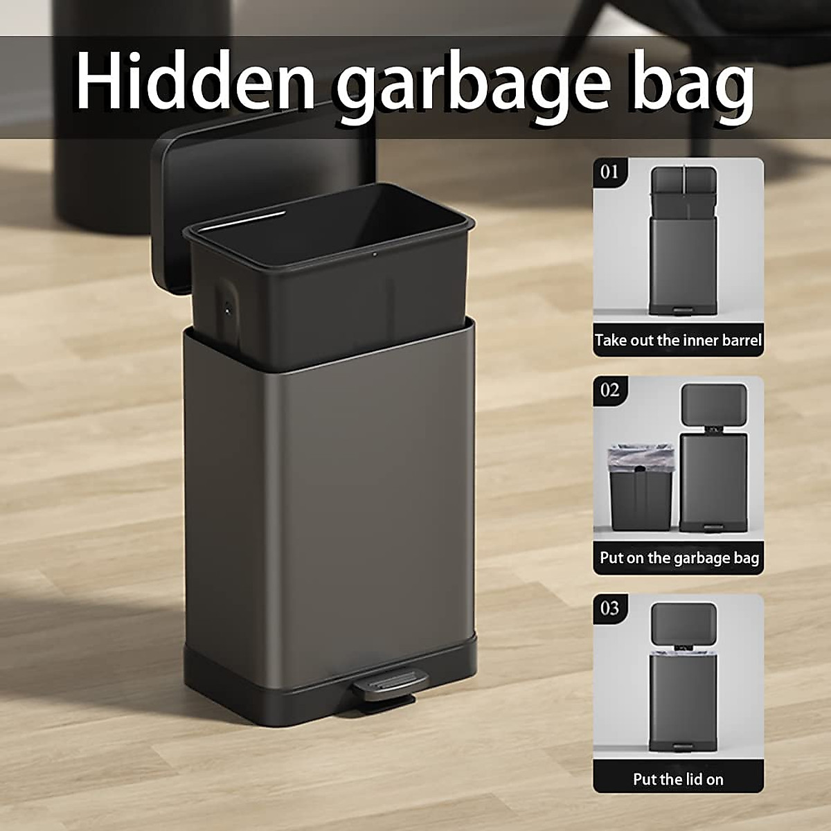 Aupekro Trash Can with Lid Soft Close, 18 Liter/4.7 Gallon Stainless Steel Garbage Can with Removable Wastebasket, Rectangletep Pedal Step Trash Can for Bedroom, Kitchen, Bathroom, Office (White)