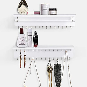 ROSE BLOOM Jewelry Organizer Wall Mounted, Wood Hanging Jewelry Organizer Holder with Removable Bracelet Rod and 42 Hooks for Hanging Rings, Earrings, Necklace Display, Set of 2, White