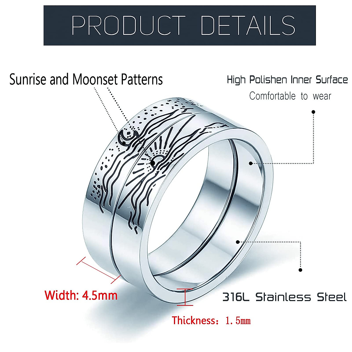 Sunflower Jewellery Moon and Sun Ring, Couple Ring,sun ring,sunrise ring,Crescent Moon ring，Friendship Ring, Star Ring, Lover Ring, Partner Ring, Gift (Stainless Steel, 8)