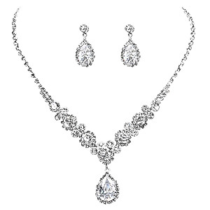 COCIDE Bride Jewelry Set Silver Crystal Wedding Necklace Earrings Bridal Rhinestone Teardrop Pendant Accessories for Women and Bridesmaids (3 piece set - 2 earrings and 1 necklace)