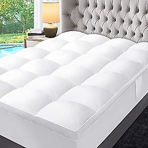 ABENE King Size Extra Thick Fusion Down Feather Filled Bed Mattress Topper for Back Pain, Plush Fluffy Doule Layer Pillowtop Luxury Mattress Pad, Cotton Fabric Soft Featherbed with Bedside Pocket