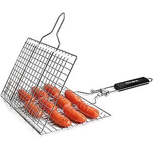 Fish Grilling Basket, Folding Portable Stainless Steel BBQ Grill Basket for Fish Vegetables Shrimp with Removable Handle, Come with Basting Brush and Storage Bag (01)
