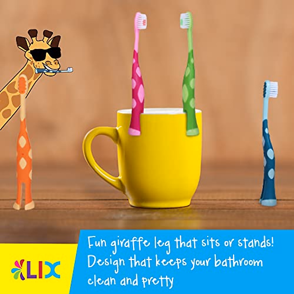 55Dental Kids Toothbrush Set of Soft Giraffe Toothbrush for Kids 3-12. Easy-Grip, Bristle Cover, Self-Standing & Splited Bottom for Cup Rim. by Lix, 4 Colors