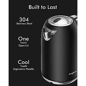 Longdeem Fast-Boil Electric Tea Kettle, 1.7L Stainless-Steel Water Heater, 1500W, Cordless Matte Black Design with LED, Auto-Shutoff & Anti-Dry Protection
