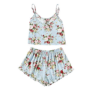 SheIn Women's Pajamas Sets Button Front Tank and Shorts Lounge Set Sleepwear Blue X-Large