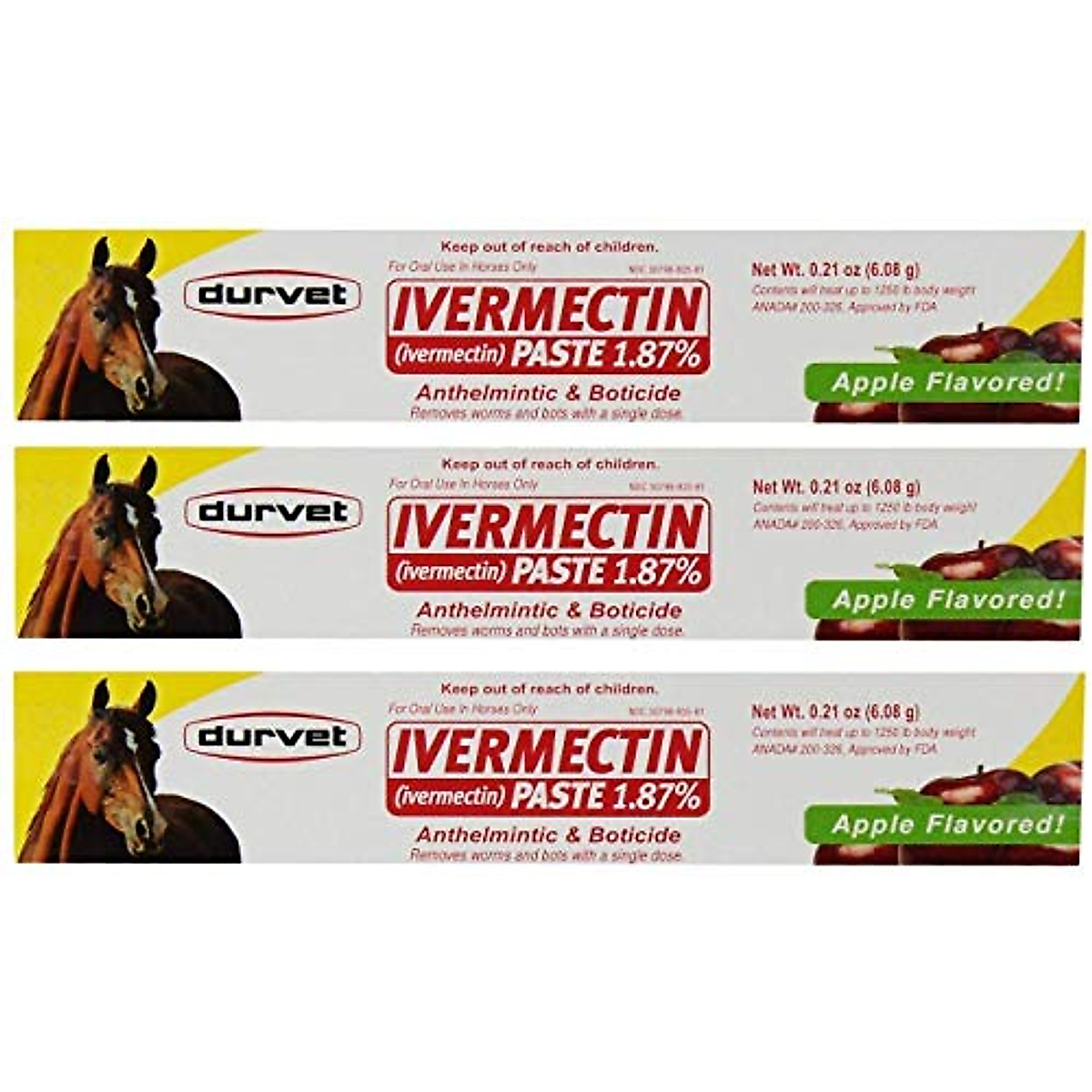 Durvet 3 Pack of Ivermectin Paste, 0.21 Ounces each, Apple Flavored Horse Dewormer