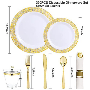 WELLIFE 350 Pieces Gold Plastic Dinnerware,Disposable Gold Lace Plates, Include:50 Dinner Plates,50 Dessert Plates, 50 Pre Rolled Napkins with Gold Silverware and 50 Cups