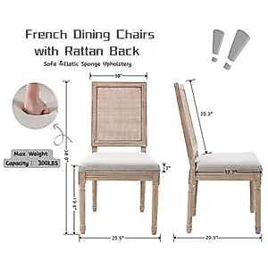 CIMOTA Farmhouse Dining Chairs Set of 2, French Rattan Dining Room Chairs with Rectangle Back/Distressed Wood Upholstered Vintage Side Chairs for Kitchen/Restaurant, Beige/2PCS