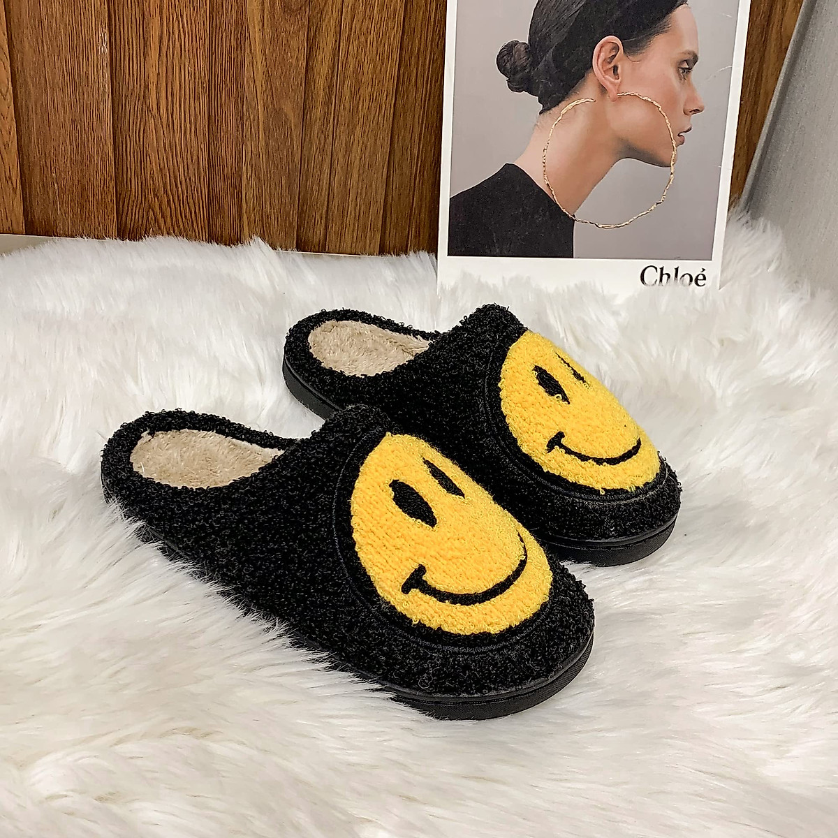 ALEENLA Smile Face Slippers For Women Bride Indoor And Outdoor Cute Pillow Slides Men'S House Fuzzy Keep Warm Non-Slip,hei39-40, Black