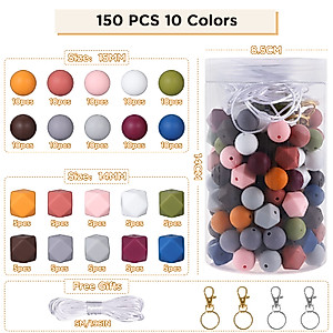 Silicone Beads, 150pcs Silicone Beads Bulk Round Bead 15mm Hexagon Silicone Beads 14mm for Jewelry Making Large Beads with Lanyard & Key Chain Ring for Keychain Making (15MM Macaron)