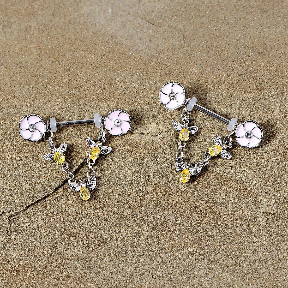 Body Candy 14G Womens Nipplerings Piercing Steel 2Pc Yellow Accent Flower Bee Dangle Nipple Ring Set 5/8"