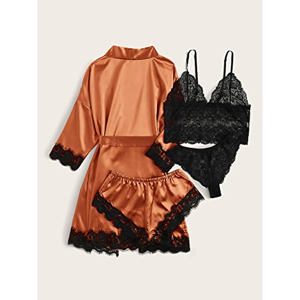 WDIRARA Women' Silk Satin Pajamas Set 4pcs Lingerie Floral Lace Cami Sleepwear with Robe Pure Orange M