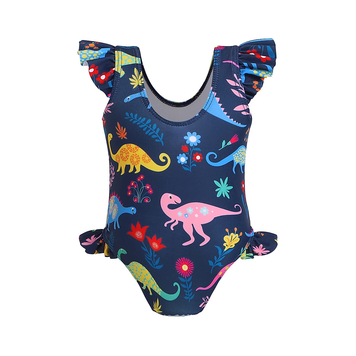 YOUNGER TREE Toddler Baby Girls Swimsuit Infant One Piece Bathing Suits Cute Dinosaur Beach Wear Sunsuit Ruffle Swimwear (12-18 Years, Navy Blue)