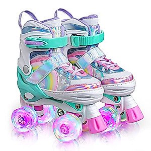 SULIFEEL Rainbow Unicorn 4 Size Adjustable Light up Roller Skates for Girls Boys for Kids Medium