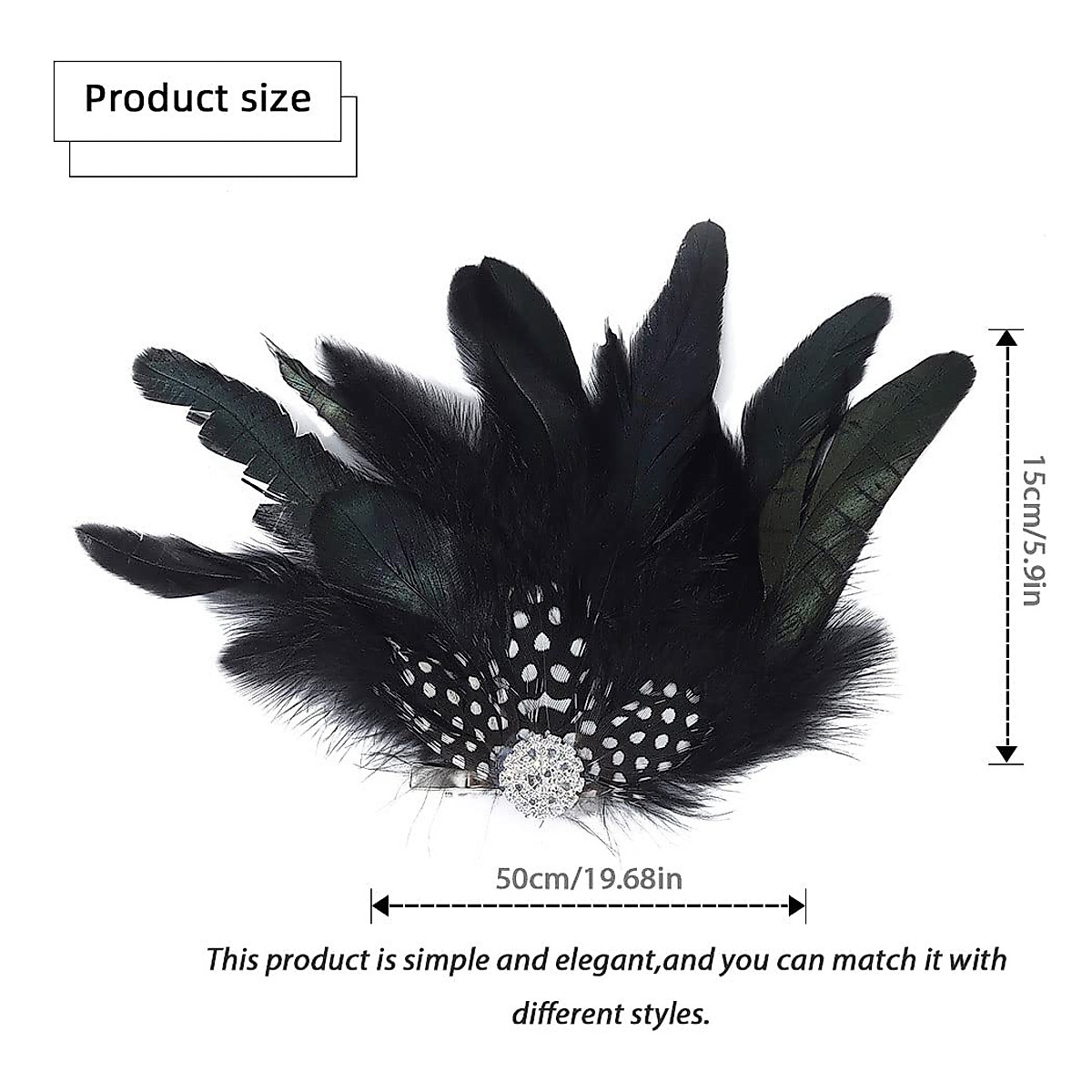 GENBREE Flapper Headpiece Black Feather Hair Clip Rhinestone 1920s Feather Headbands Prom Party Head Accessories for Women and Girls (Style 1)