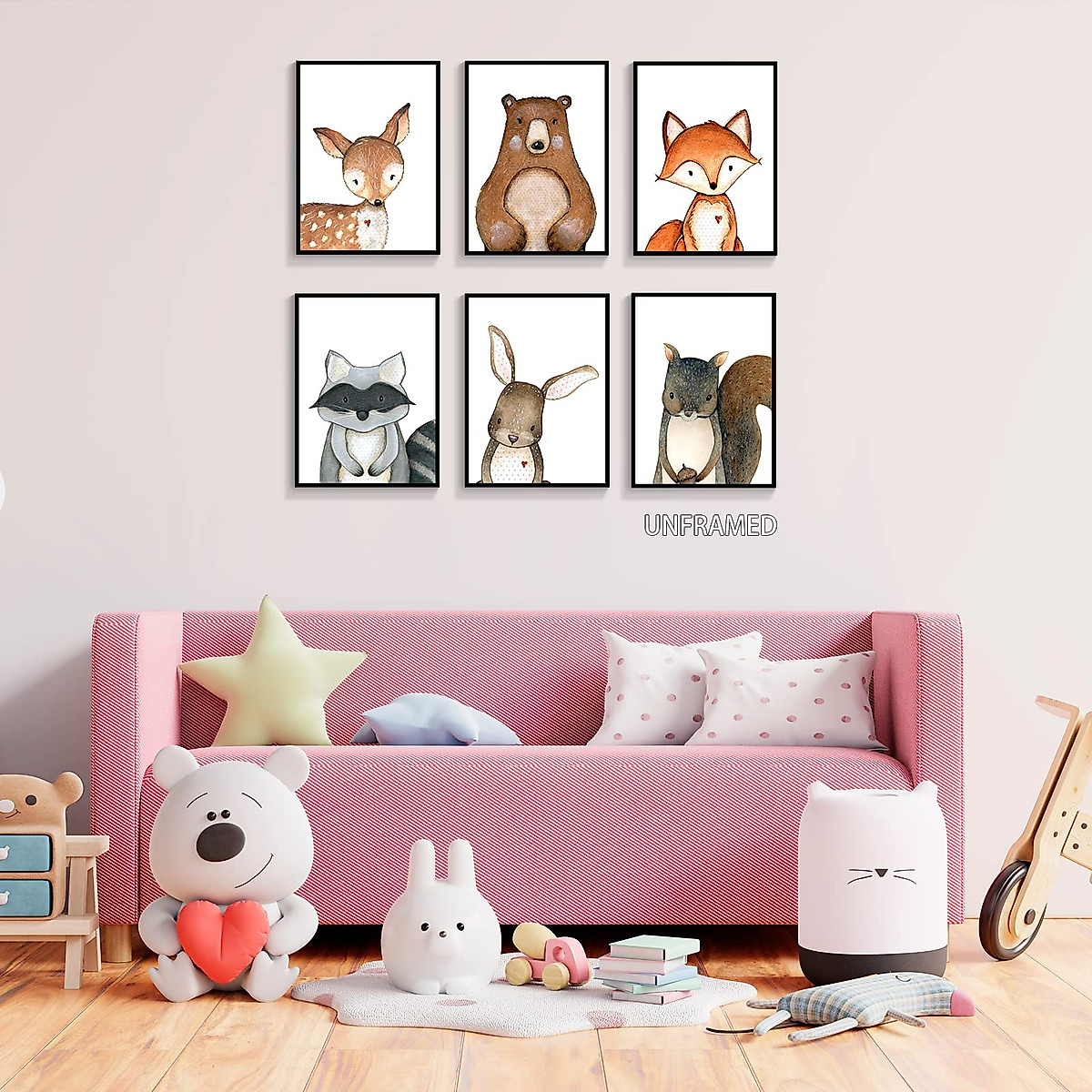 6 Pieces Woodland Animals Nursery Canvas Wall Art Cute Safari Jungle Animal Deer Bear Bunny Pictures Baby Room Posters Farmhouse Forest Theme Fox Squirrel Raccoon Prints Decor 8x10in Unframed