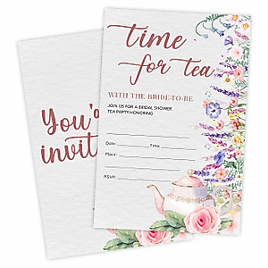 YKYENR Floral & Teapots Bridal Shower Invitations - Time For Tea - 4 x 6 Inches Invites (25 Cards & Envelopes) For Wedding Showers, Newlyweds Parties And Receptions - A06