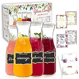 Set Of 4 Glass Carafes & Pitchers For Mimosa Bar Supplies, 1 Liter Beverage Glass Carafe With Lids For Wine,Brunch,Champagne,Lemonade,Milk,Iced Tea,Juice Pitcher & Container, Water Carafe With lid