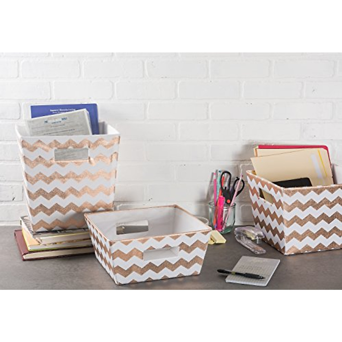 DII Hardsided Polyester Trapezoid Storage Bin, Chevron, Copper, Small