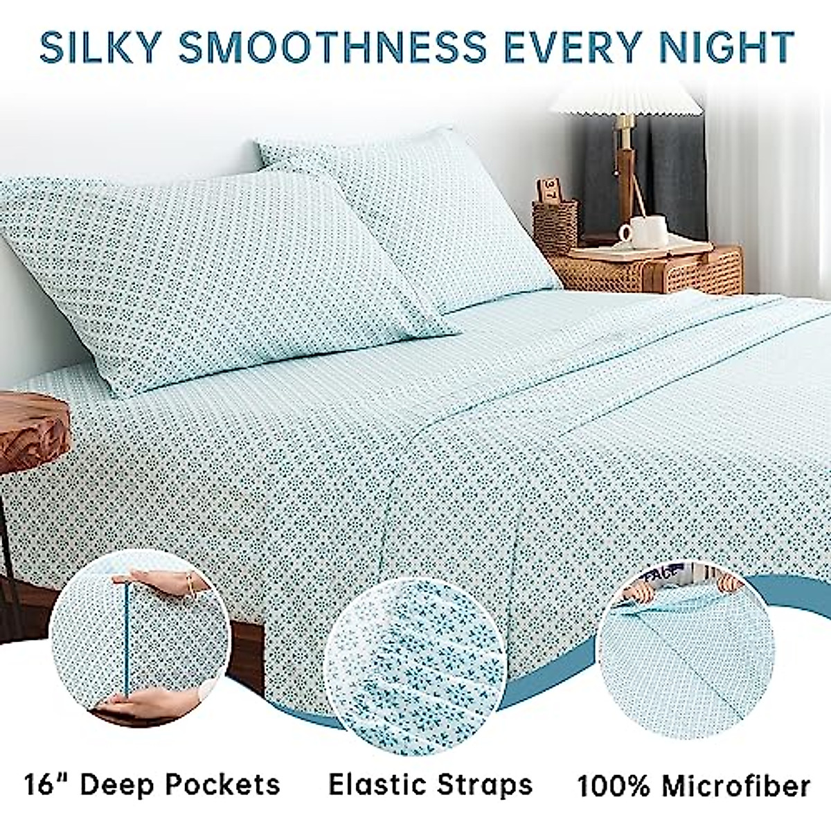JUMEE 4PC King Sheet Set, Soft Microfiber Floral Bed Sheets, Printed Green Pattern Bedding Set with up to 16" Deep Pocket, Breathable & Cool, Wrinkle and Fade Resistant, Green Laminated Floral