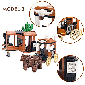 3in1 Train Horse Carriage Building Kit, Horse Stable and Animal Horses, Inn and Carriage with Horn Decoration, Creative Western Cowboy Themed Gifts for Boys Ages 6 Years and Up, 212 Pcs