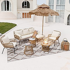 NICESOUL® Natural Color Bohemian Outdoor Patio Furniture Lounge Set with Round Fire Pit Table Handwoven PE Wicker Conversation Sectional Sofa Chair Sets with Ice Bucket Table for Garden Balcony Deck