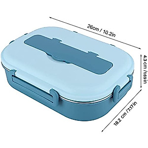 Raviga Stainless Steel Lunch Box 4 Compartments Portable Bento Box for Kids Student or Adult Food Storage Containers with Lids Airtight Soup Bowl & Tableware Large Capacity 50-oz(Blue)