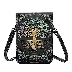 SKETVNHR Life Tree Yggdrasil Small Crossbody Cell Phone Purse for Women Soft Leather Fashion Travel Wallet with Adjustable Strap, Black