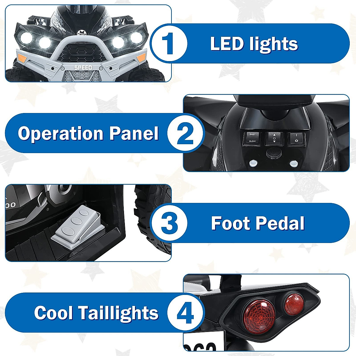 INFANS Kids Ride on ATV, 12V 4 Wheeler Quad Toy Vehicle with Music, Horn, High Low Speeds, LED Lights, Electric Ride On Toy, Battery Powered Wheels Car for Kids Over 3 Years Old (Black)