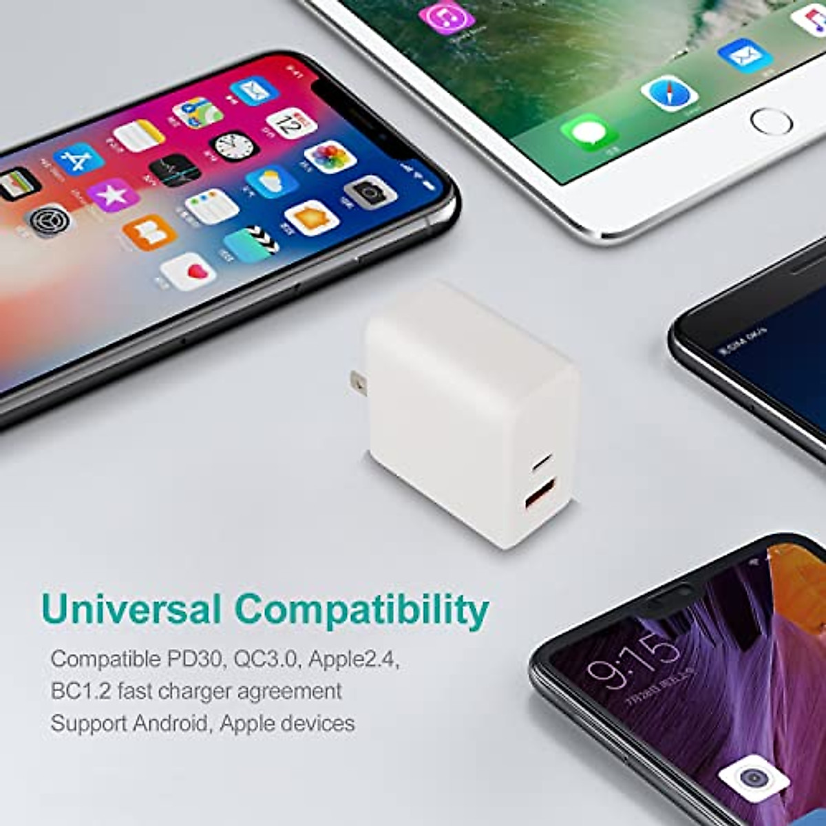 Konnek Stein USB C Charger,65W Type C Fasting Charger Adapter,Foldable Plug Dual Port Compatible with iPhone,Pixel,Galaxy S20 S10 S9,iPad Mini/Pro Fast,White,TF2003