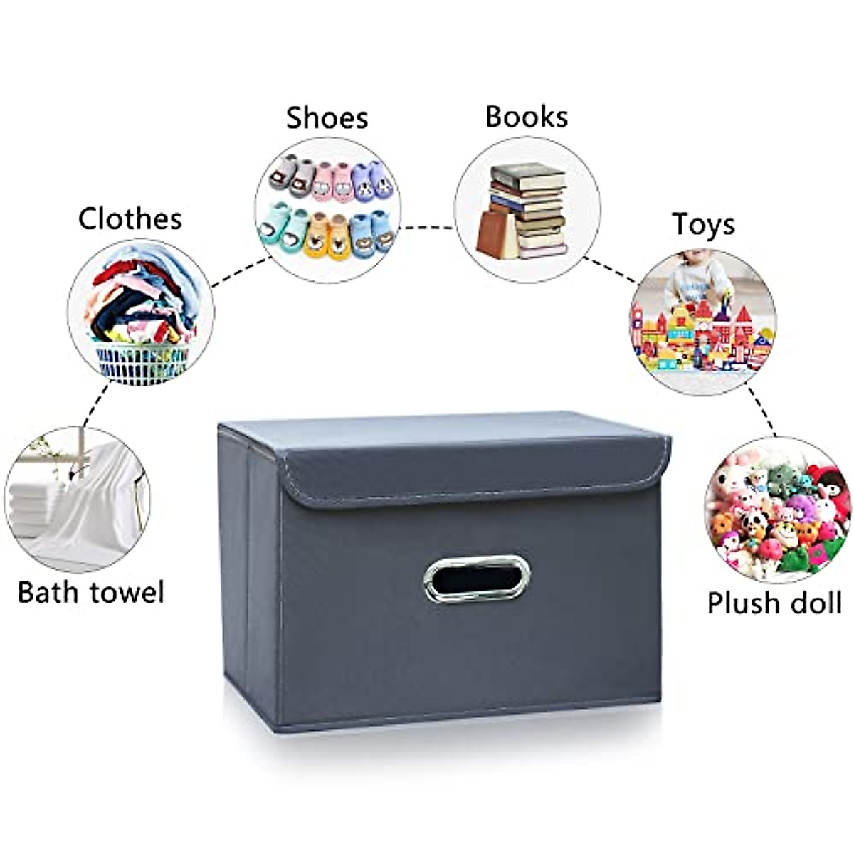 SEVENDOME Linen Fabric Foldable Collapsible Storage Cube Bin Organizer Basket with Lid, Leather Handles, Removable Divider for Home, Closet (Grey, 3Pcs)