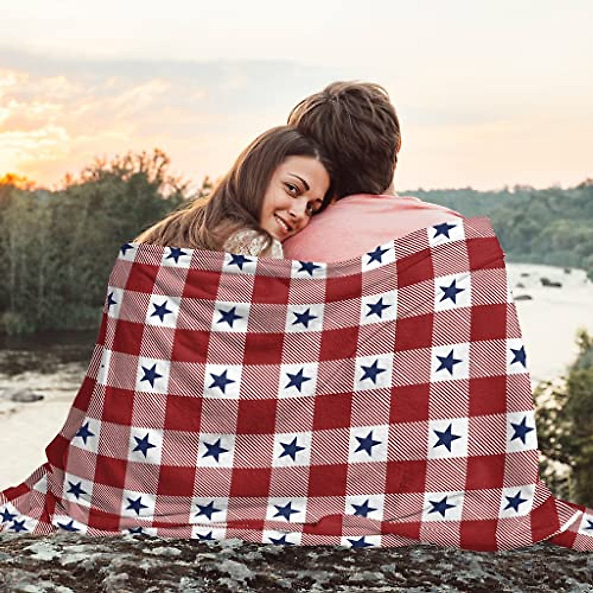 FJPT July 4th Throw Blanket Red White and Blue Stars Patriotic Party Blanket Lightweight Fuzzy Plush Cozy Soft Blanket for Travel Couch Bed Sofa Gift 30"X40"