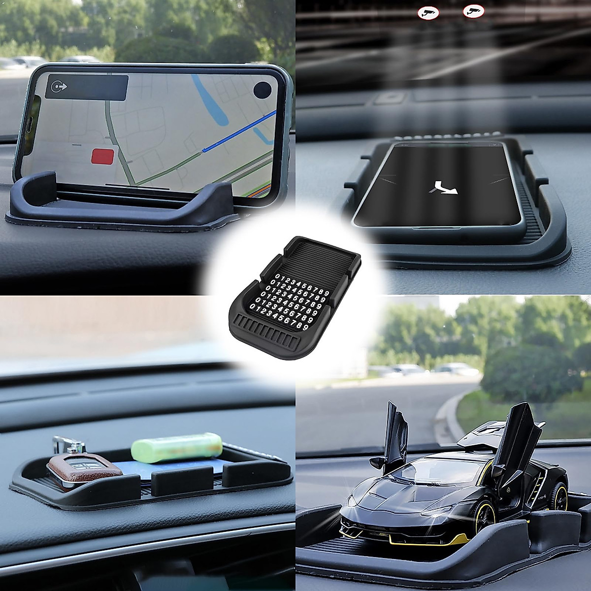 ZBGUN Pack-1 PVC Multi-Functional Anti-Slip Mat, 7.8 Inches x 4.3 Inches Car Phone Holder with Double Card Slots, Automobile Interior Products, Universal for Most Cars, SUVs and Vans (Black)