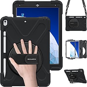 BRAECN for iPad Air 3 10.5 Case 2019,iPad Pro 10.5 Case 2017- Heavy Duty Shockproof Case Cover with Pencil Holder,Rotating Stand/Hand Strap,Carrying Shoulder Strap Fit iPad Air 3rd Gen Case 10.5-Black
