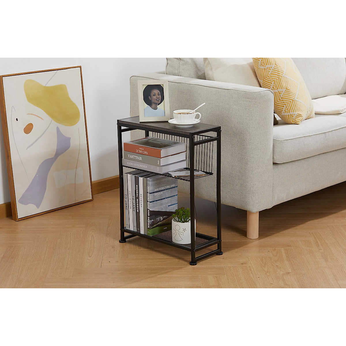Small Side Table for Small Spaces - Slim End Table with Magazine Holder - 2 in 1 Design Narrow End Table Living Room - Skinny Bedside Table Nightstand Bedroom Thin Side Table (Grey)