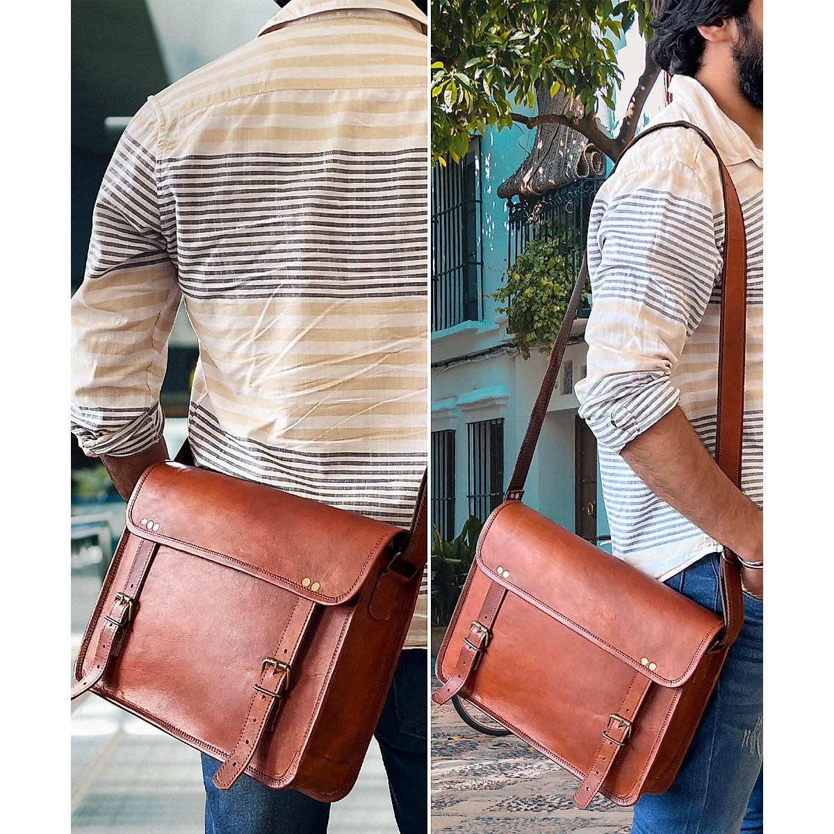 RUSTIC TOWN Leather Messenger Bag for Men Women - Full Grain Leather Laptop Satchel Office Crossbody Shoulder Bag (15 Inch, Brown)