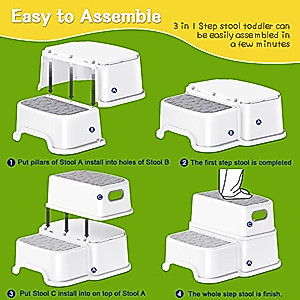 Step Stools for Kids, 2 Step Stool with Anti-Slip Surface and Rubber Bottom, Toddler Step Stool Poop Stool for Toilet Potty Training, Bathroom, Kitchen (Include 2 Ducks) Gray