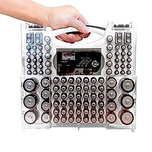 Battery Pro Organizer and Battery Tester, Wall-Mount Battery Storage Case, Holds 100 Assorted AA, AAA, C, 9-Volt, CR123, CR1632, and Button Cell Batteries, (White)